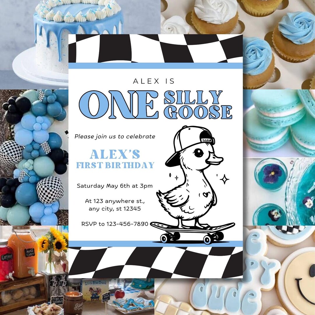 Silly Goose 1st Birthday Invitation: Skateboard Theme, Editable Canva ...