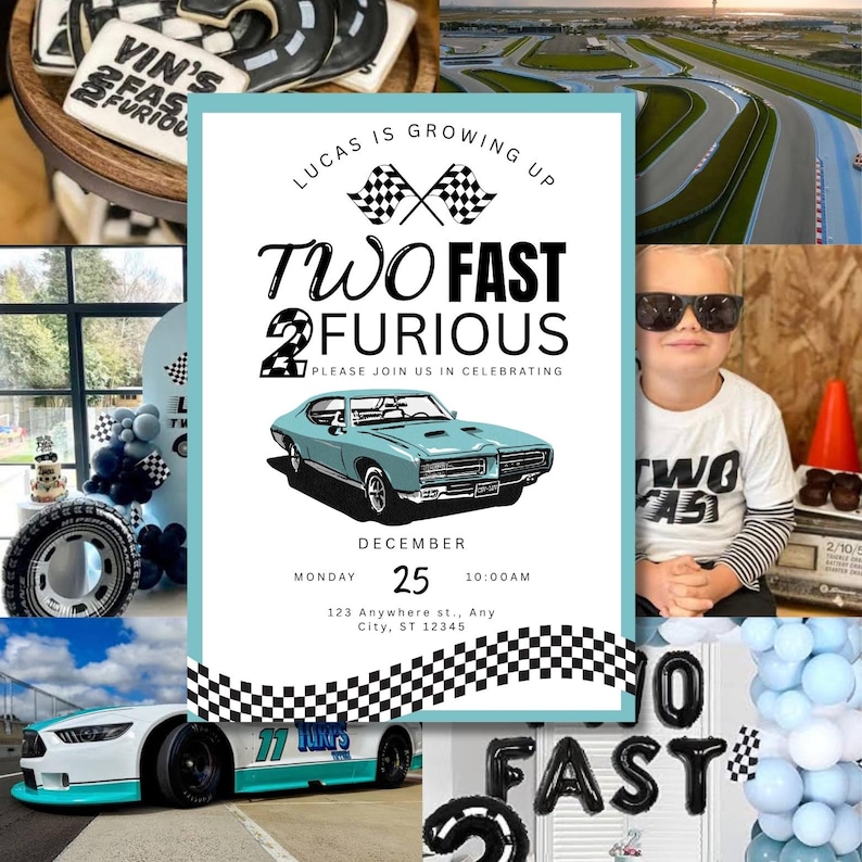 Two Fast Two Furious Birthday Invitation – Teal Race Car Theme (digital ...