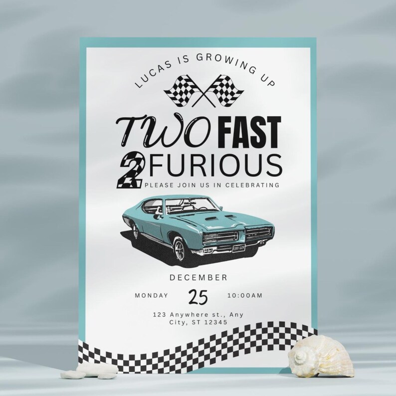Two Fast Two Furious Birthday Invitation – Teal Race Car Theme (digital ...