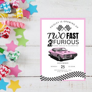 Two Fast Two Furious Birthday Invitation: Pink Racing Car, Editable ...