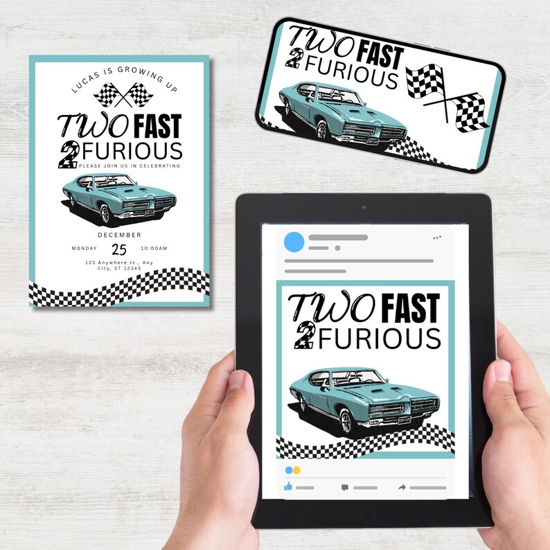 Two Fast Two Furious Birthday Invitation – Teal Race Car Theme (digital ...