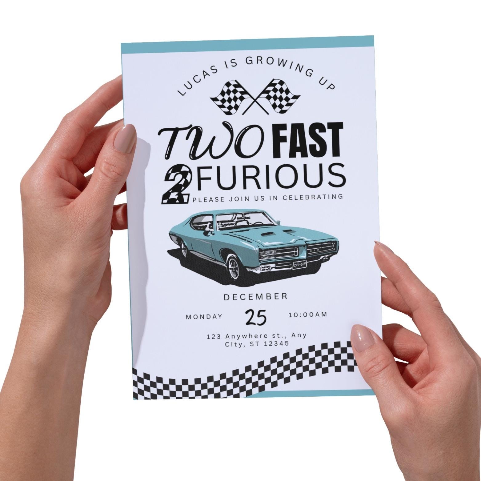 Two Fast Two Furious Birthday Invitation – Teal Race Car Theme (digital ...