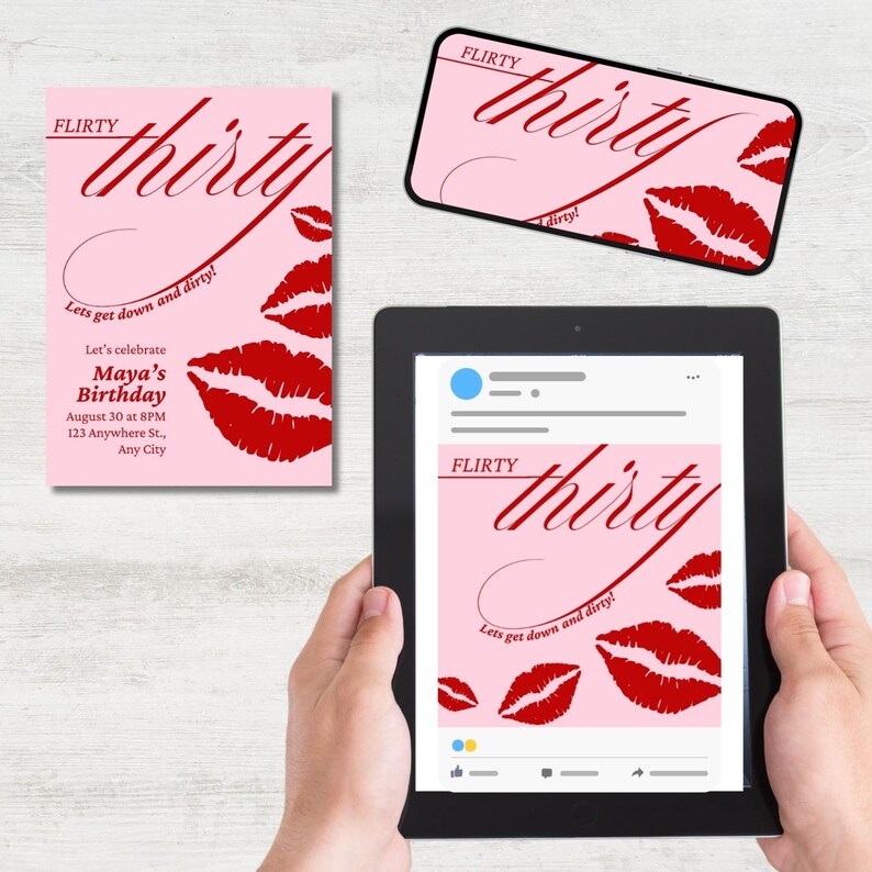 Flirty Thirty Birthday Invitation – Pink & Red Lips, Canva Template ...