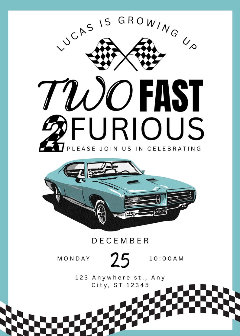 Two Fast Two Furious Birthday Invitation – Teal Race Car Theme (digital ...