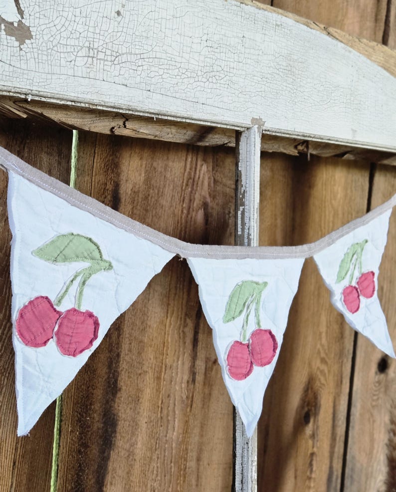 Antique Quilt Cherry Banner – Farmhouse Garland, Vintage Quilt Bunting ...