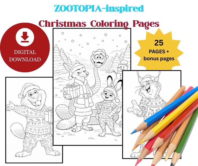 Printable Christmas Zootopia 2 Inspired, Digital Coloring Pages, Animal ...