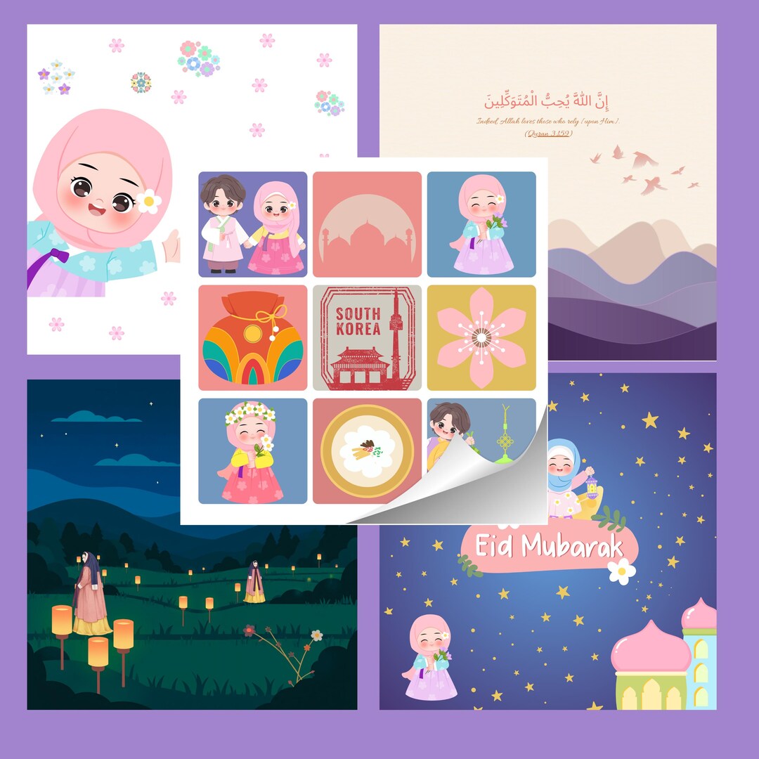 Eid Mubarak Digital Paper | Hijabi Hanbok Characters, Korean Kawaii ...