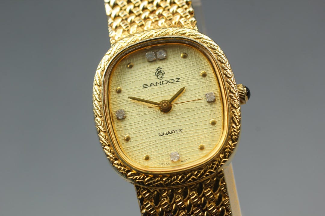 Vintage Near MINT* SANDOZ Gold Oval Swiss Diamond Quartz Ladies Watch ...