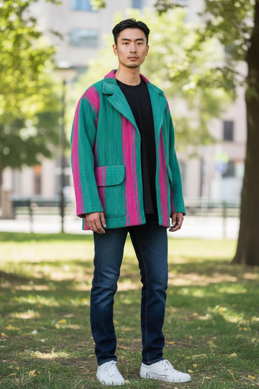 Green Rug Wool Jacket | Handmade Upcycled Vintage Pink Stripe | One of ...