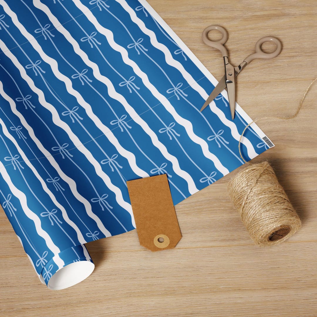 Boujee Waves + Bows + Stripe Wrapping Paper in Blue and White ...