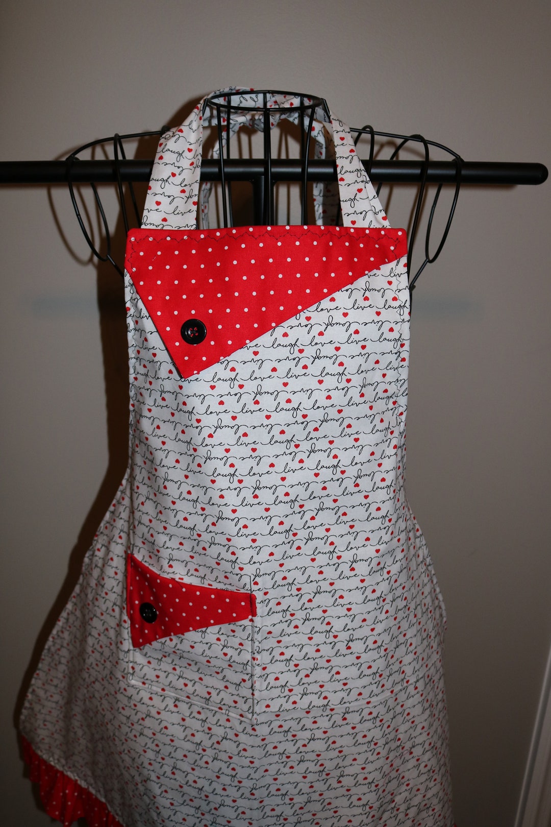 Live, Laugh, Love - Women's Apron - Pocket - Ruffle - Hearts - Polka ...