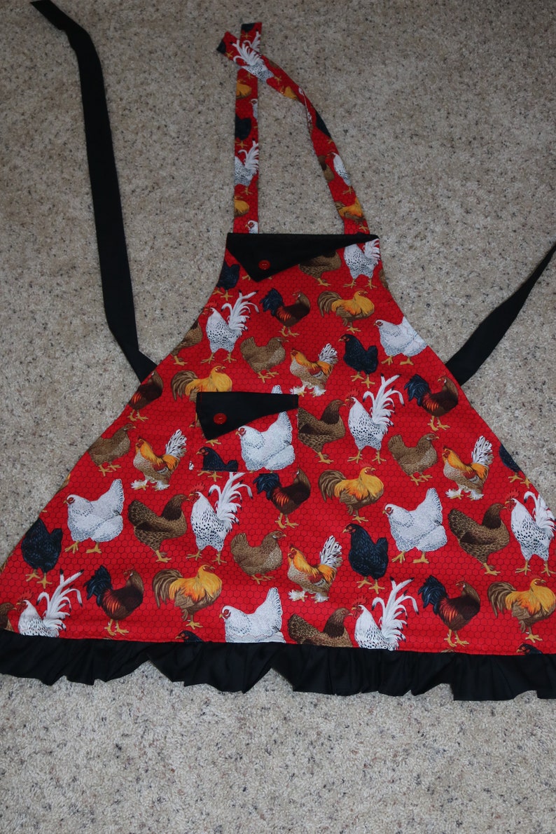Chickens on a Red Background - Women's Apron - Pocket - Ruffle - Farm ...