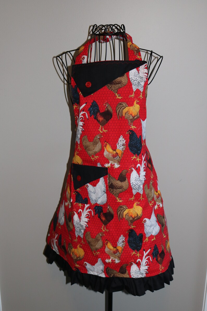 Chickens on a Red Background - Women's Apron - Pocket - Ruffle - Farm ...