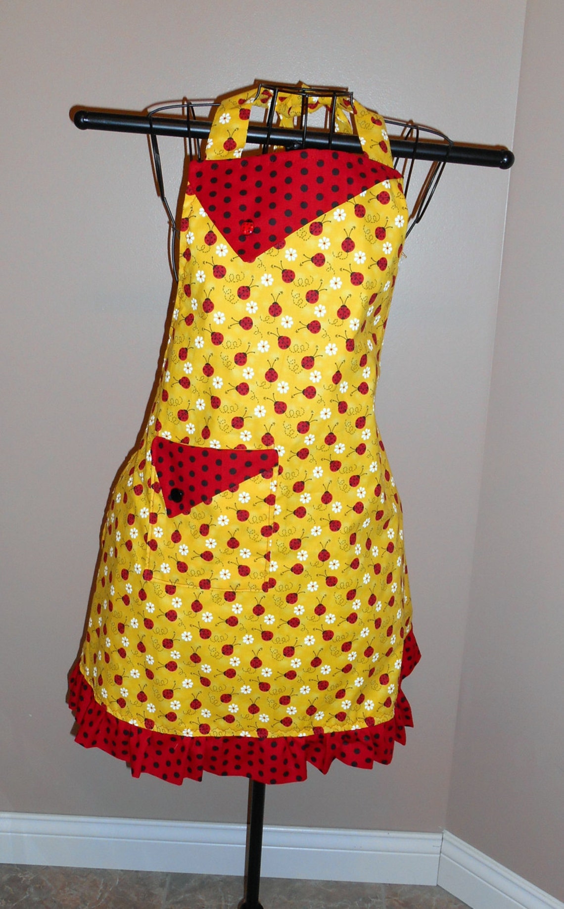 Ladybugs and Flowers Women's Apron Ruffle Pocket | Etsy