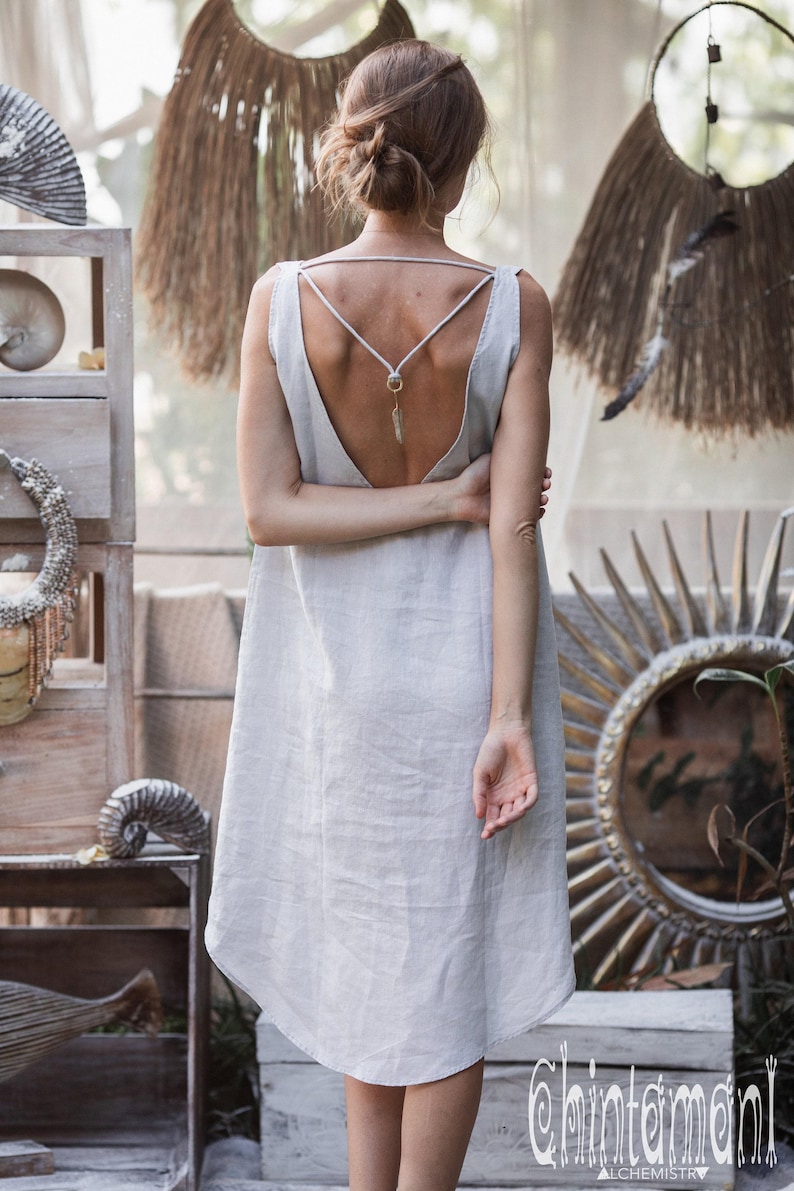 Open Back Grey Linen Dress ∆ Womens Linen Clothing Eco Friendly ∆ ...