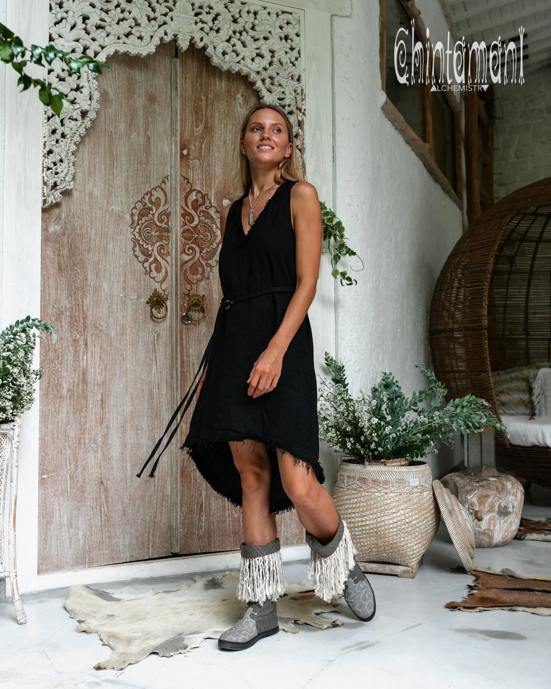 Bohemian Linen Dress ∆ Short Midi Goa Ibiza Tank Dress ∆ V-neck ...