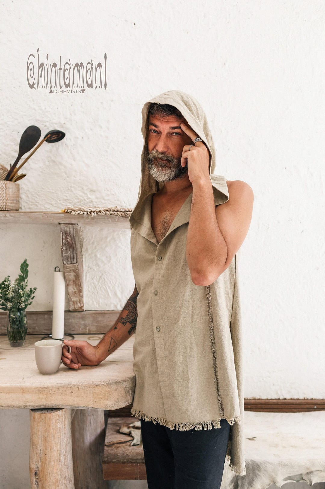 Mens Hooded Vest Shirt ∆ Boho Clothing Long Raw Cotton Tank Top ∆ ...