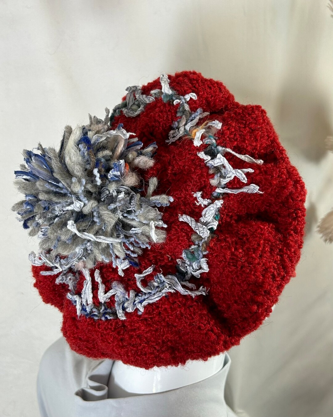 Chunky Red Hot Knit Stocking Cap With Hand Made Pompom of Denim ...