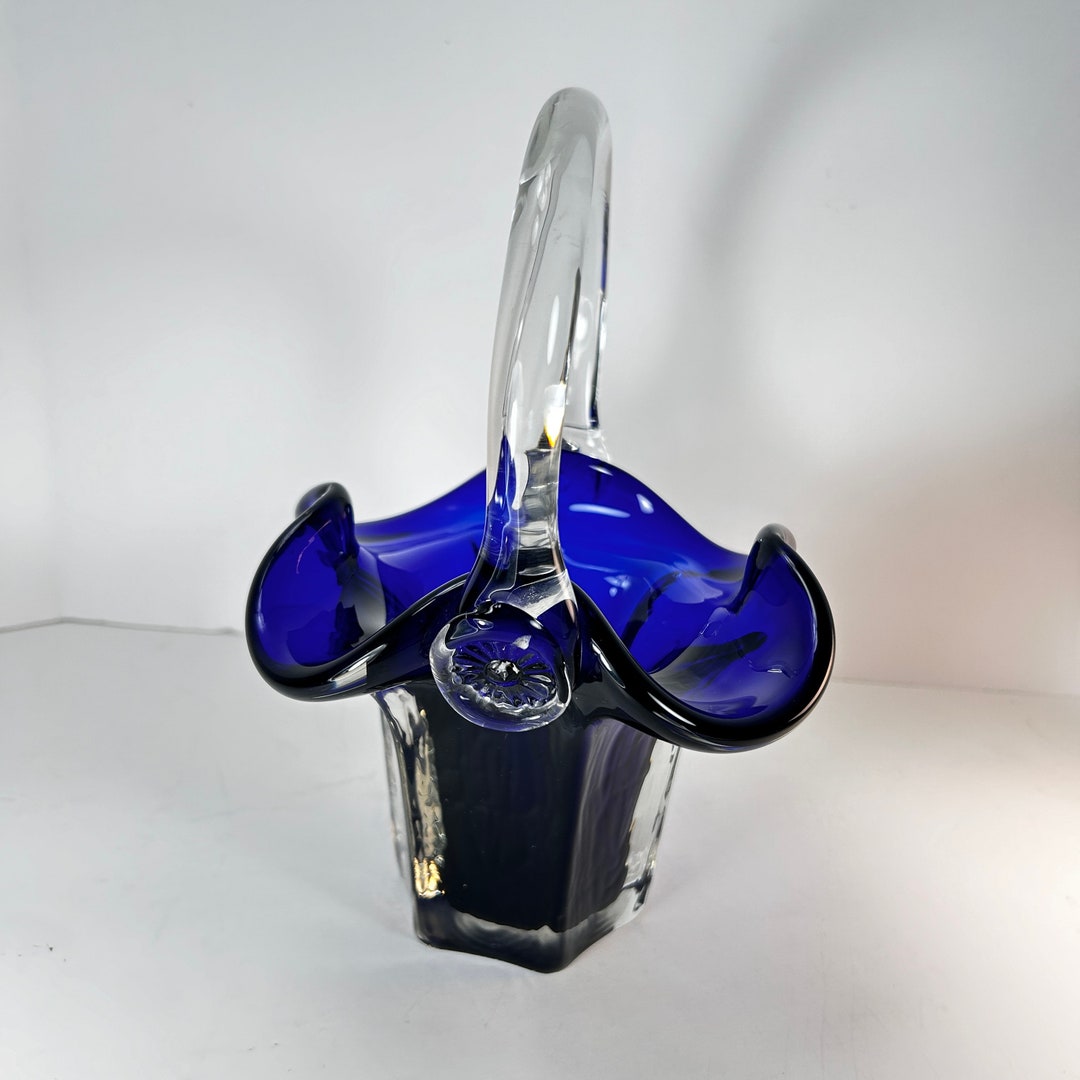 Hand Formed Encased Cobalt Blue Glass Basket, 8.25" High X 6.5" Wide 3 ...