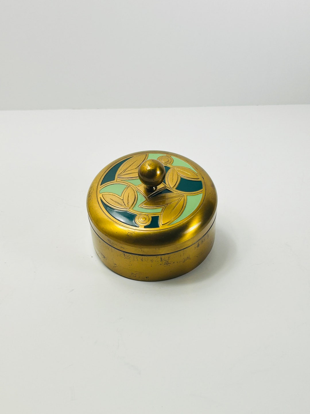 1930s Art Deco Vanity Powder Jar Brass W Enameled Lid and Frosted Glass ...