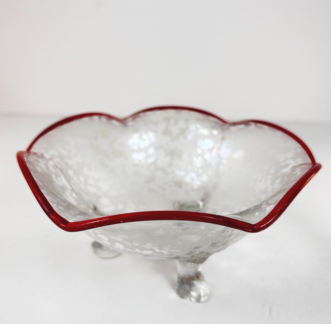 Antique Pattern Glass Bowl Rare Red Enamel Edge 6" Footed Opalescent ...