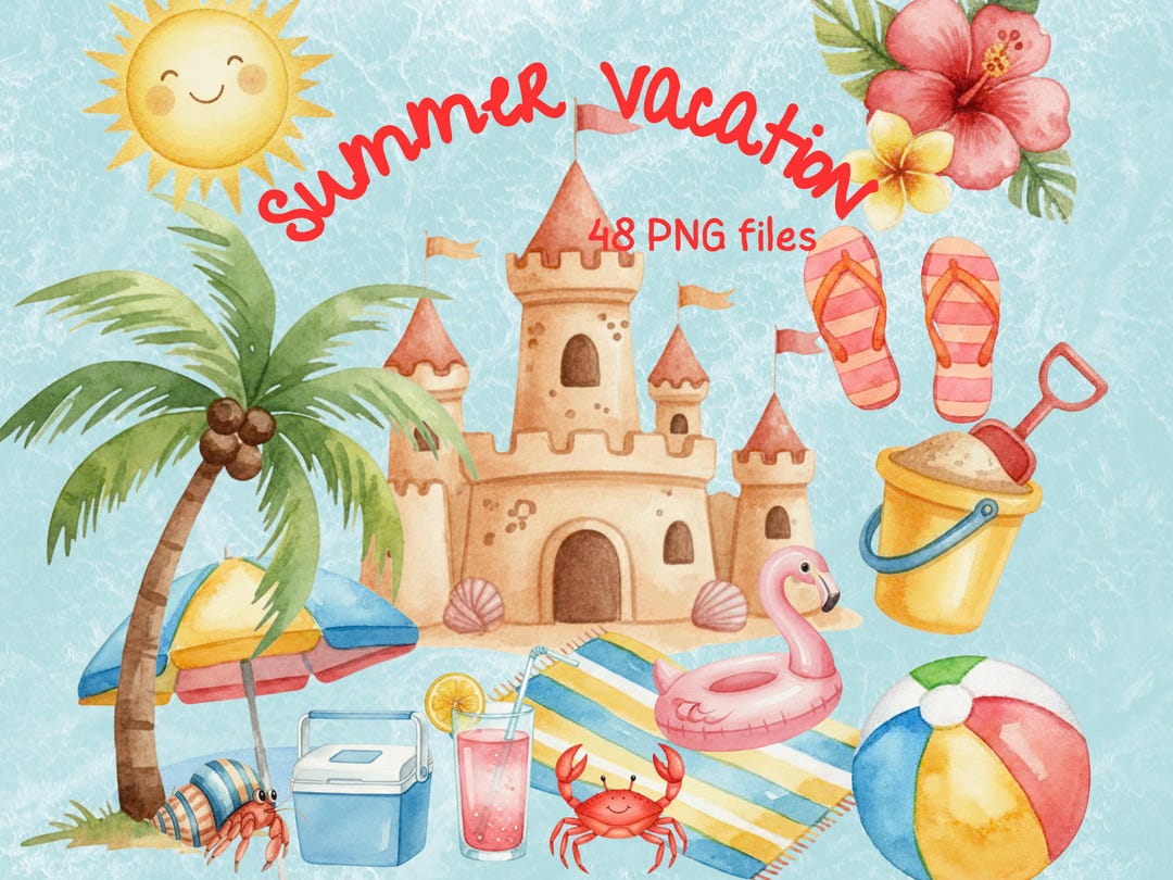 Watercolor Summer Vacation Clipart, Beach and Ocean Holiday ...