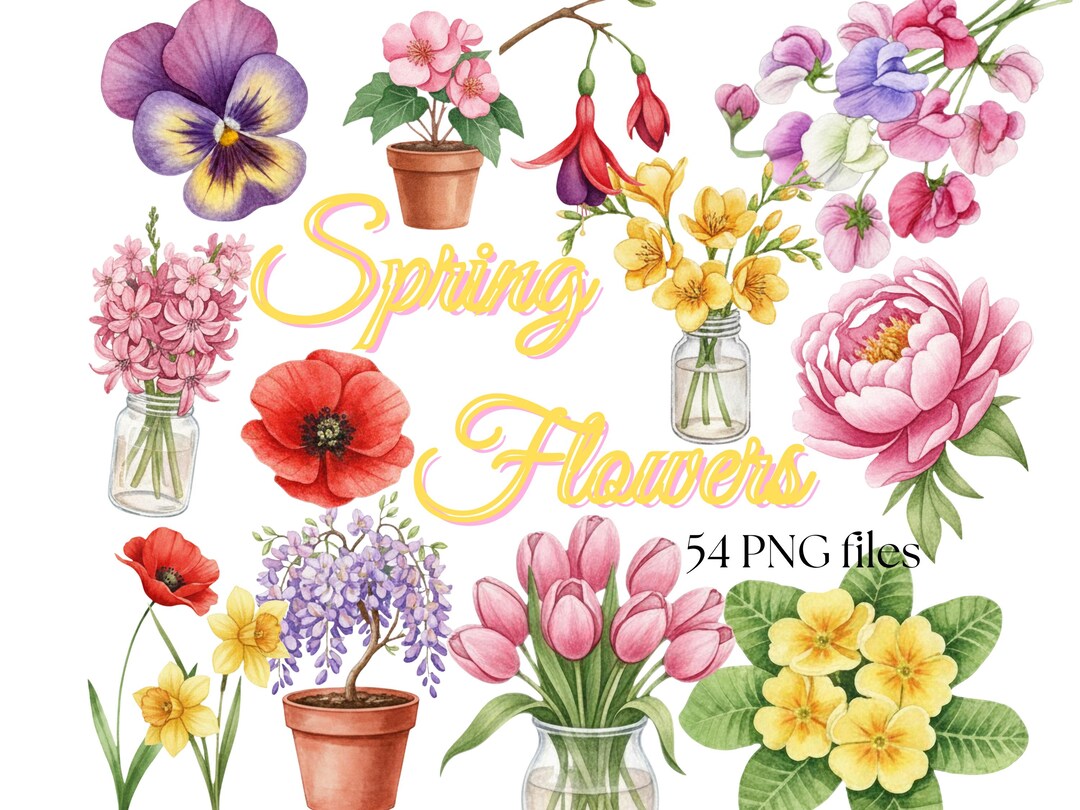 Watercolor Spring Flowers Clipart, Elegant Floral Illustration Set, 54 ...