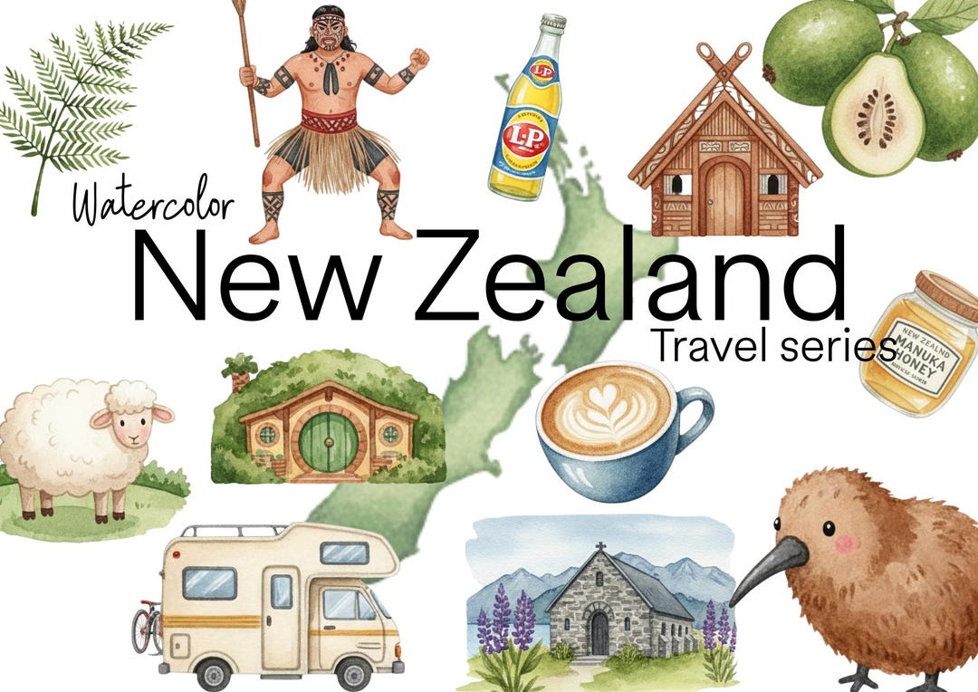 New Zealand Travel Clipart, Watercolor NZ Landmarks, Cute New Zealand ...