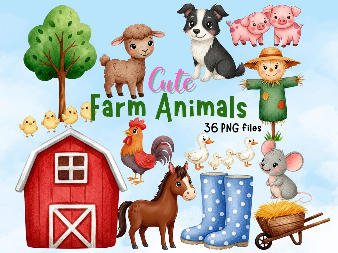 Watercolor Farm Animals Clipart Bundle, Cute Barnyard Animals PNG, Cow ...