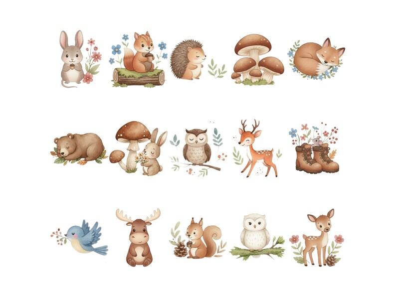 Woodland Animals Clipart Bundle, Watercolor Forest Animals PNG, Cute ...
