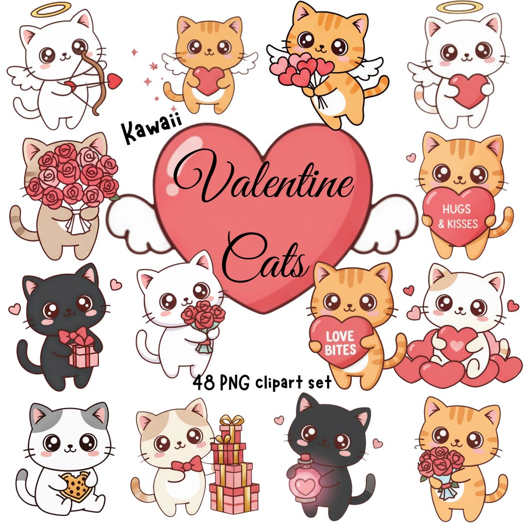 Kawaii Valentine Cats Clipart, Cute Love Kitty Illustrations, Cupid Cat ...