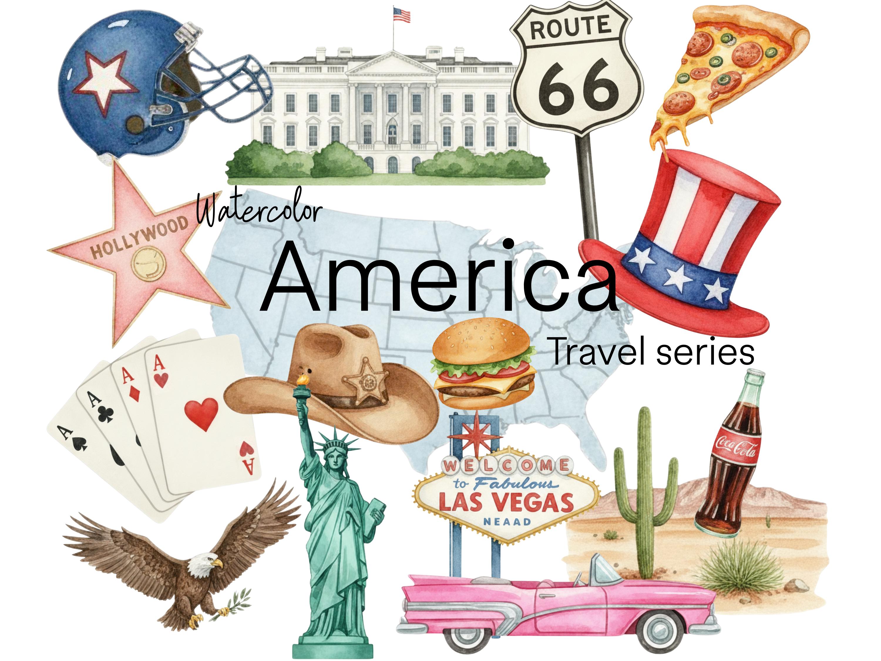 Watercolor USA Travel Clipart, American Landmarks & Culture ...