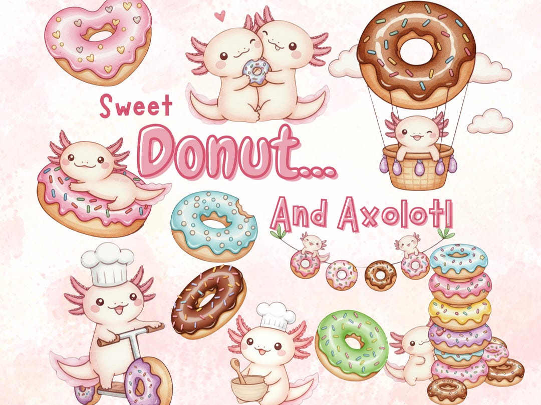 Watercolor Axolotl & Donut Clipart, Cute Axolotl Dessert Illustrations ...