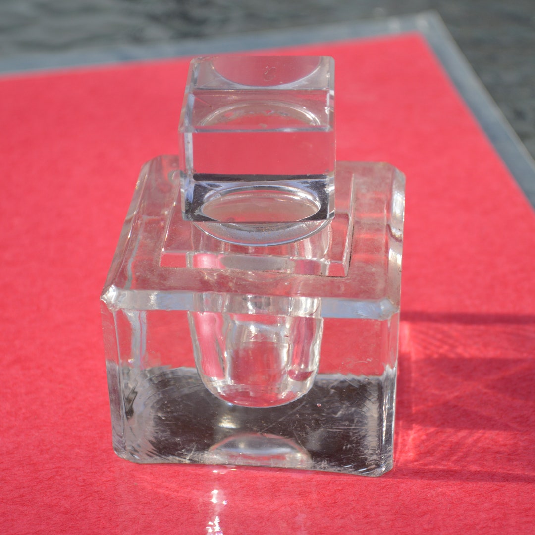 Vintage 2 Piece Heavy Crystal Square Inkwell - Good Overall Condition ...