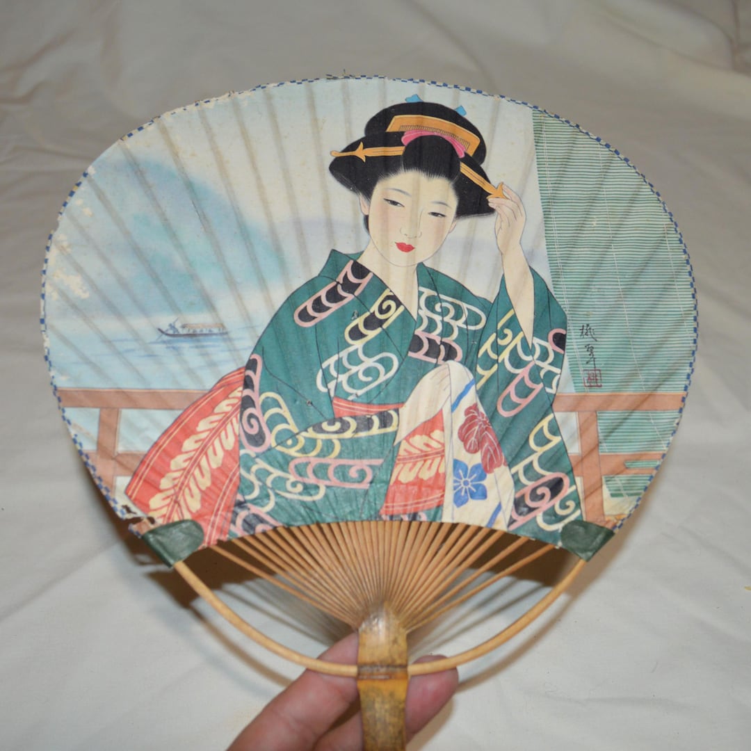 Vintage Japanese Bamboo Fan With Image of Geisha - Fixed Fan Decorated ...