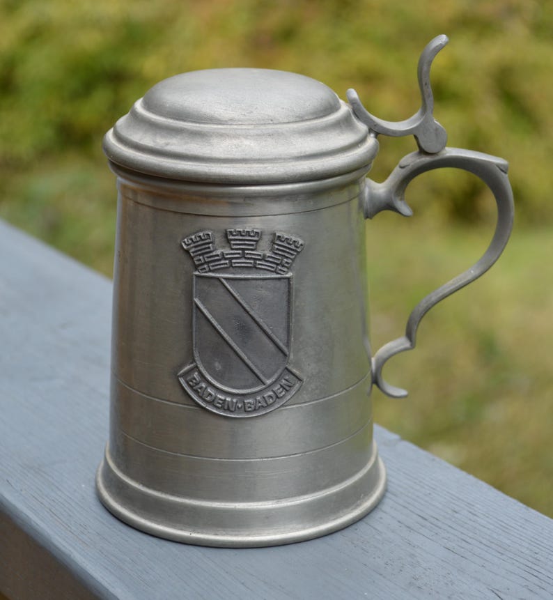 Vintage Pewter Lidded Beer Stein - Rein Zinn 95 Percent - Baden Baden ...