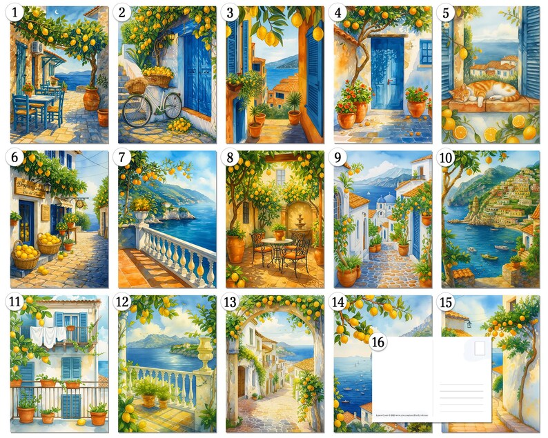 15 Printable Italian Mediterranean Postcards – Lemon Coast Art – 5x7 ...