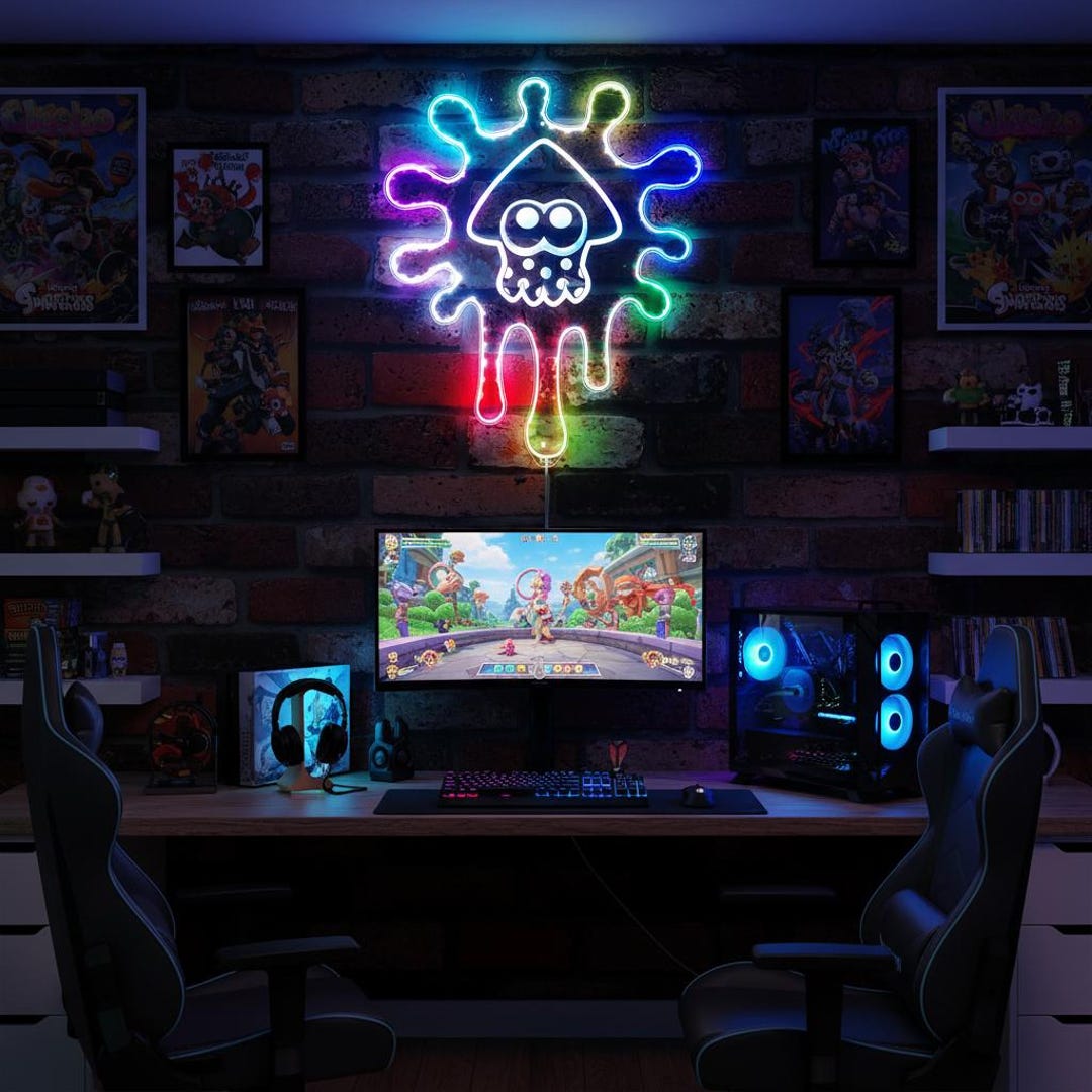 Letrero LED iluminado de calamar de Splatoon, decoración de sala de ...