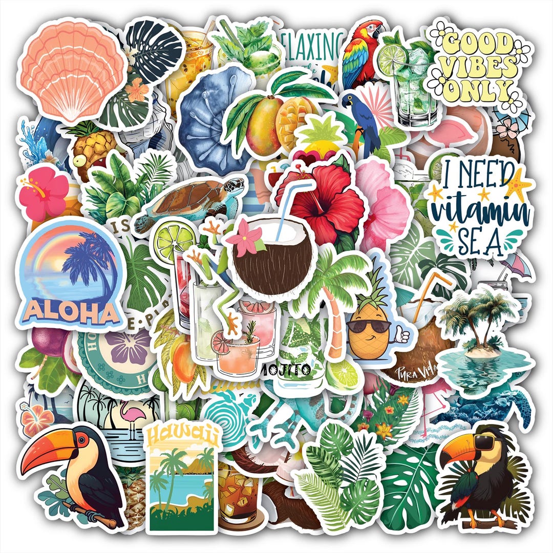 Tropical Stickers Sheet – Vinyl Decals With Palm Trees, Fruits ,beach ...