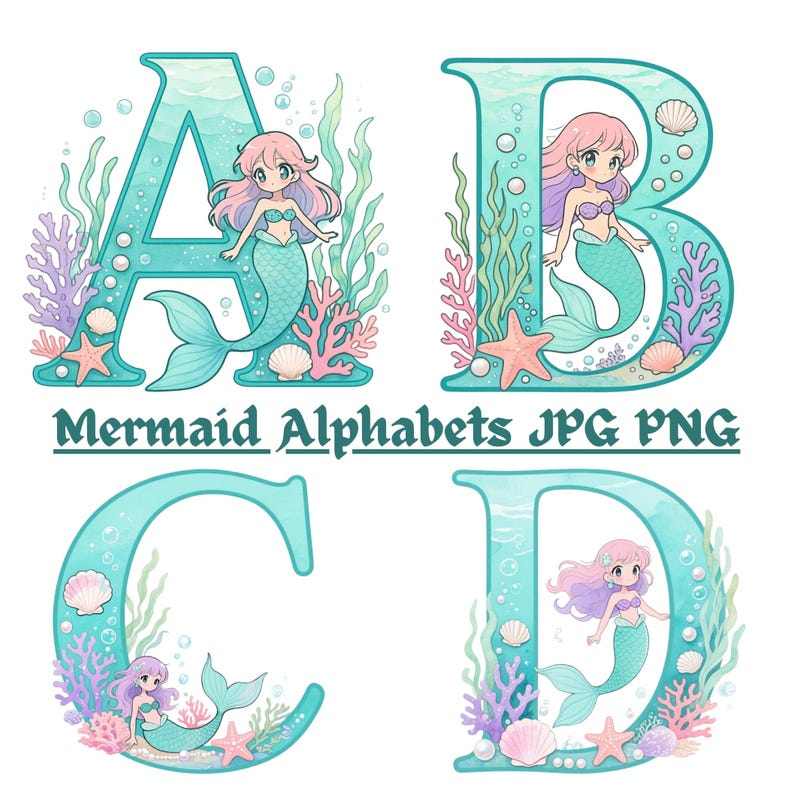 Mermaid Alphabets PNG JPG, Watercolor Ocean Monogram Letters A-Z, Under ...