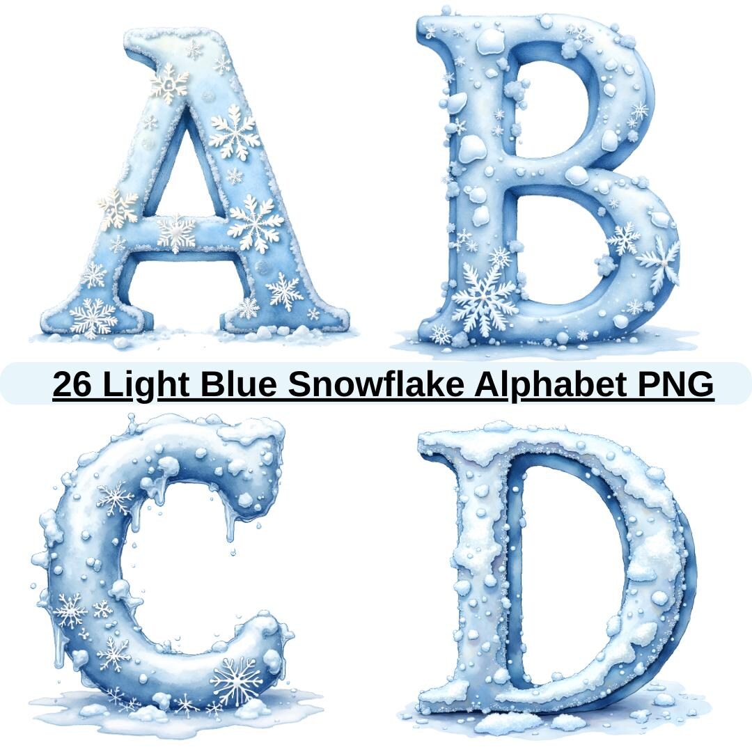 Snowflake Frost Alphabet PNG | Icy Blue Letters A–Z | Watercolor Winter ...