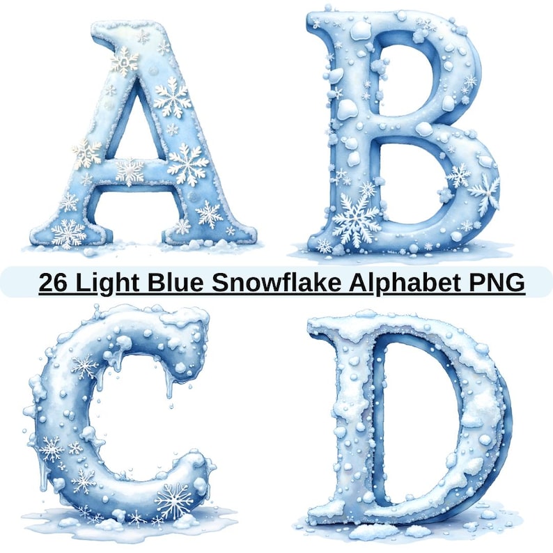 Snowflake Frost Alphabet PNG | Icy Blue Letters A–Z | Watercolor Winter ...