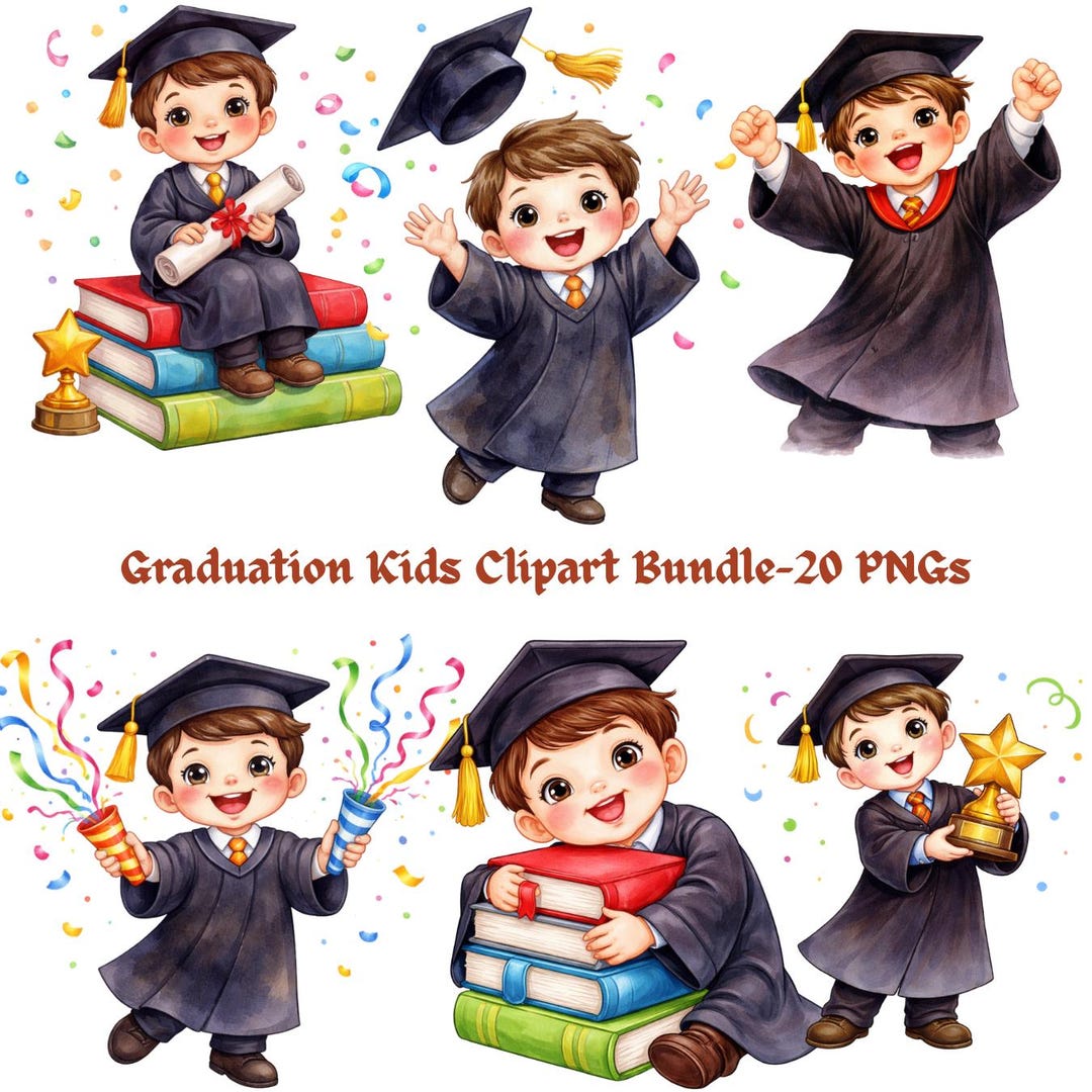 Graduation Kids Clipart Bundle PNG, Watercolor Graduation Kid Clipart ...