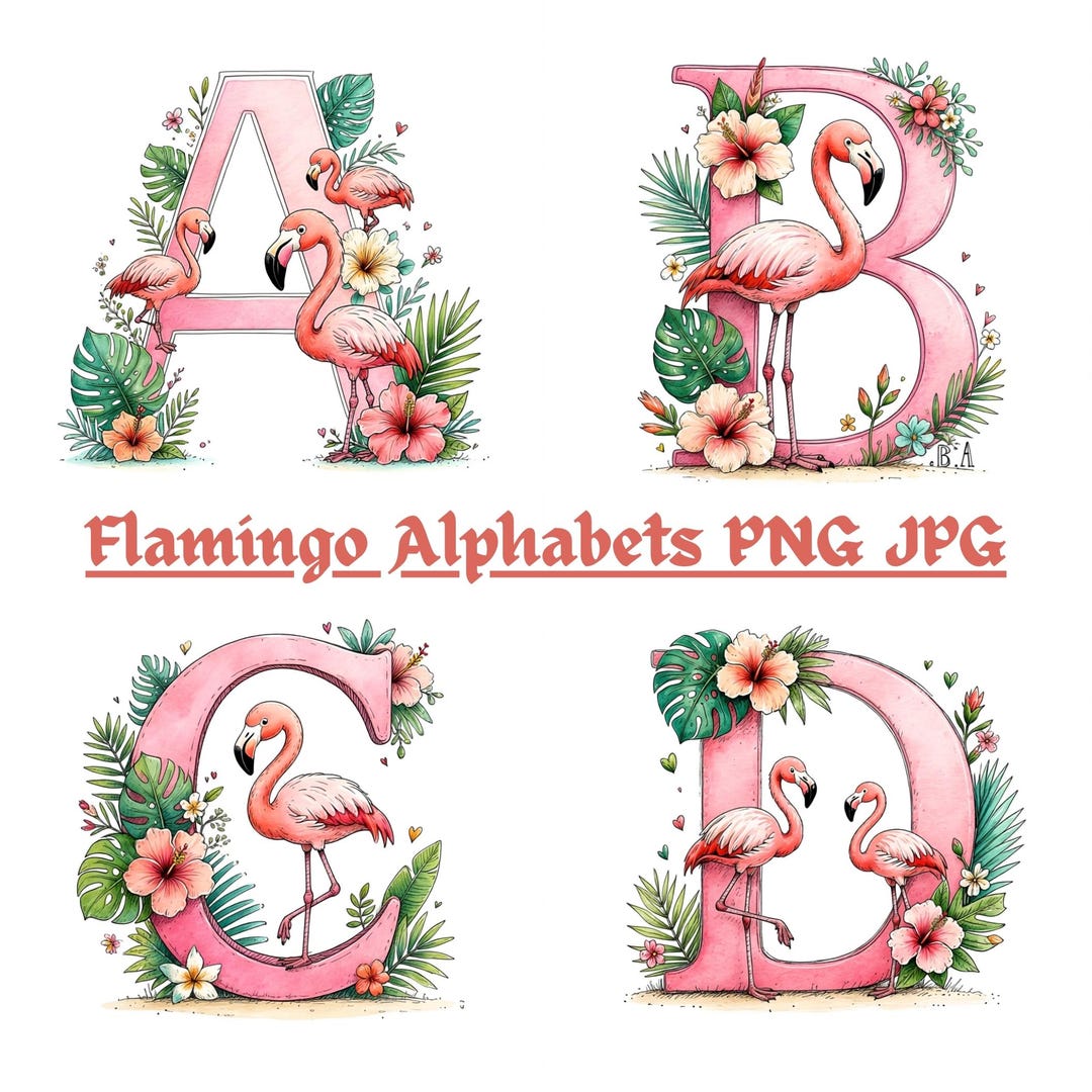 Flamingo Alphabets PNG JPG, Watercolor Flamingo Monogram Letters A-Z ...