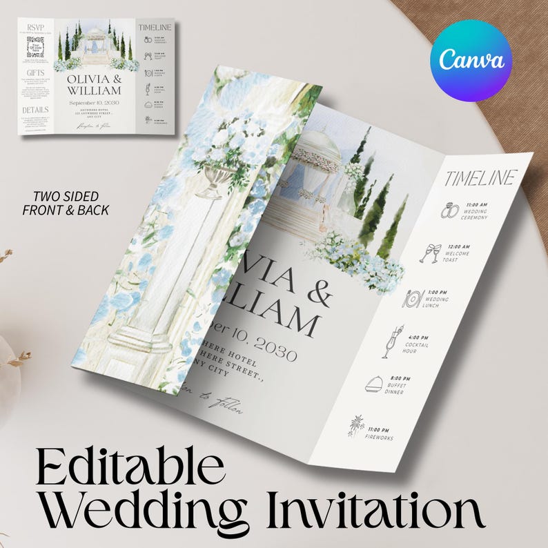 Blue Cream Trifold Wedding Invitation Template | 2 Sided Editable Canva ...