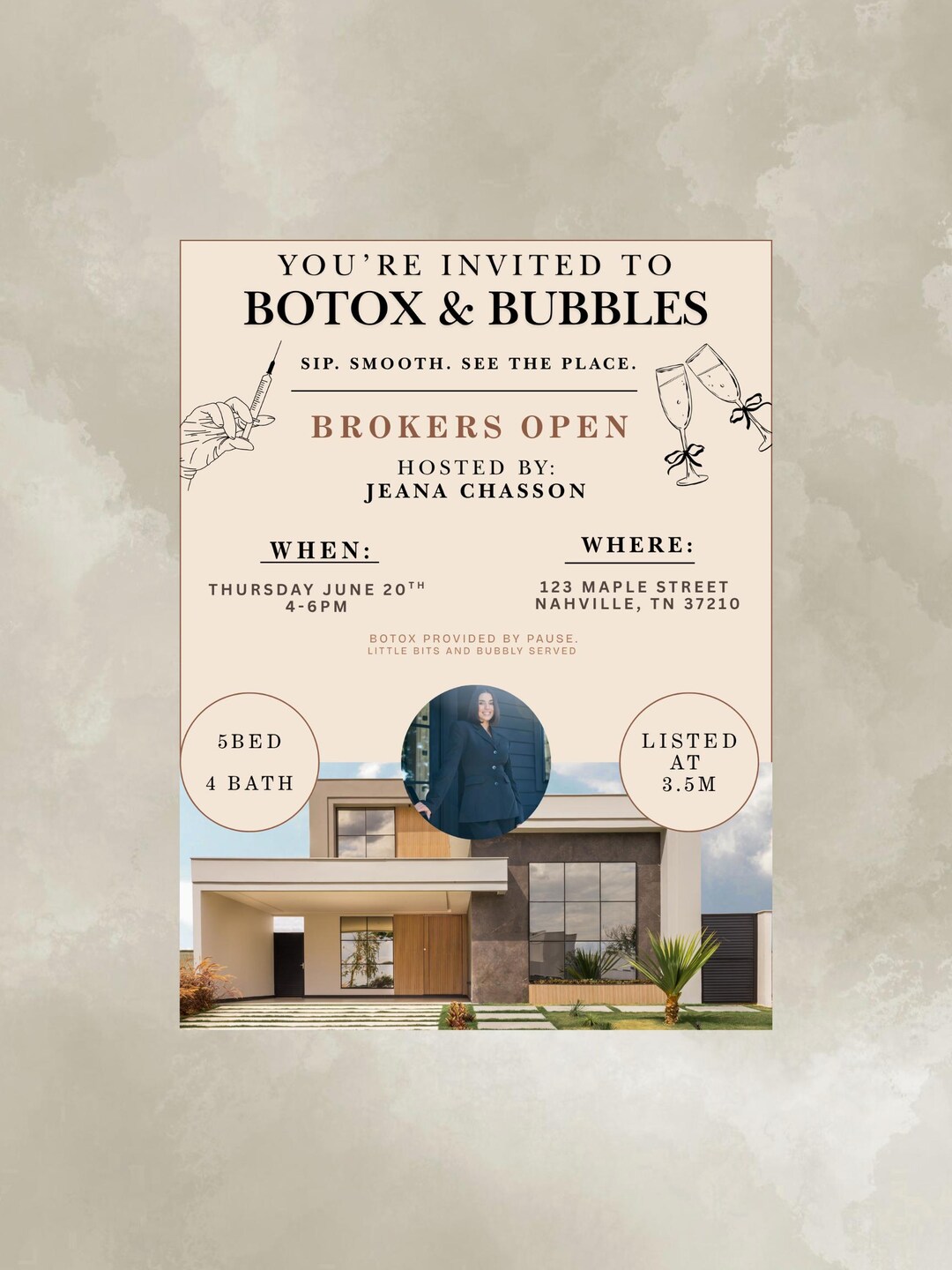 Botox & Bubbles Brokers Open Invitation | Real Estate Event Canva ...