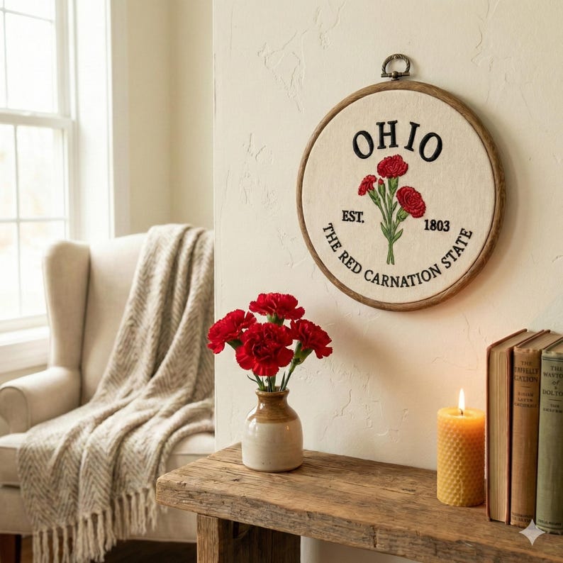 Ohio Red Carnation Embroidery Hoop Wall Art, State Flower Decor, Floral ...