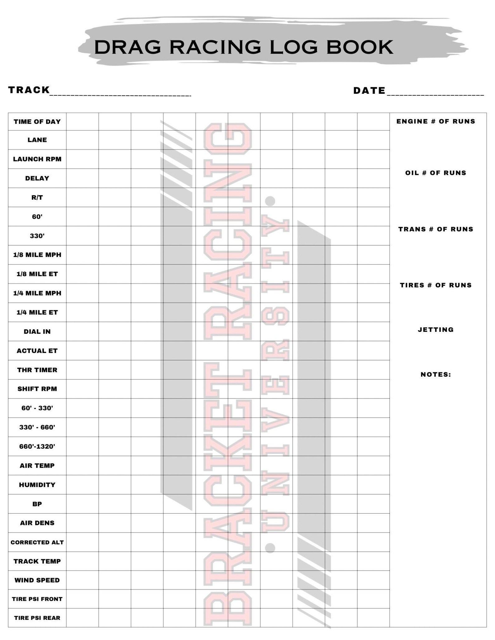Drag Racing Log Book Bracket Racing Log Book ET Predictor Racing Data ...