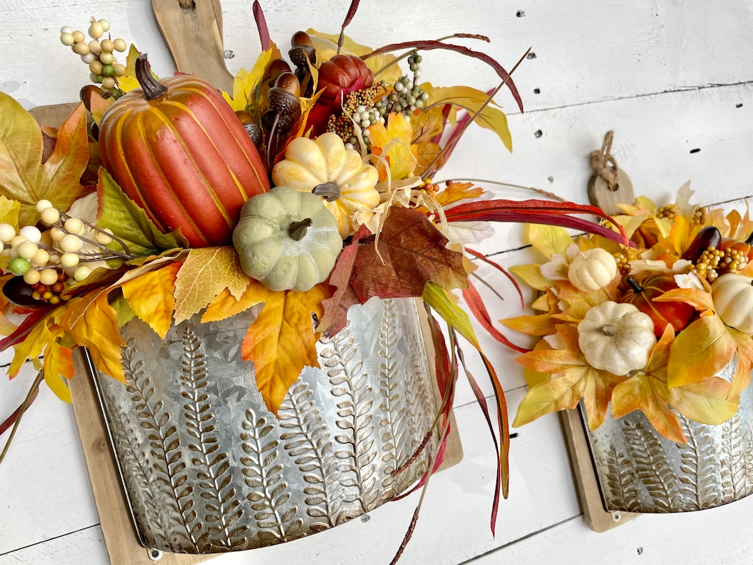 Fall Harvest Door Hanger | Metal Bucket Door Wreath | Cutting Board ...