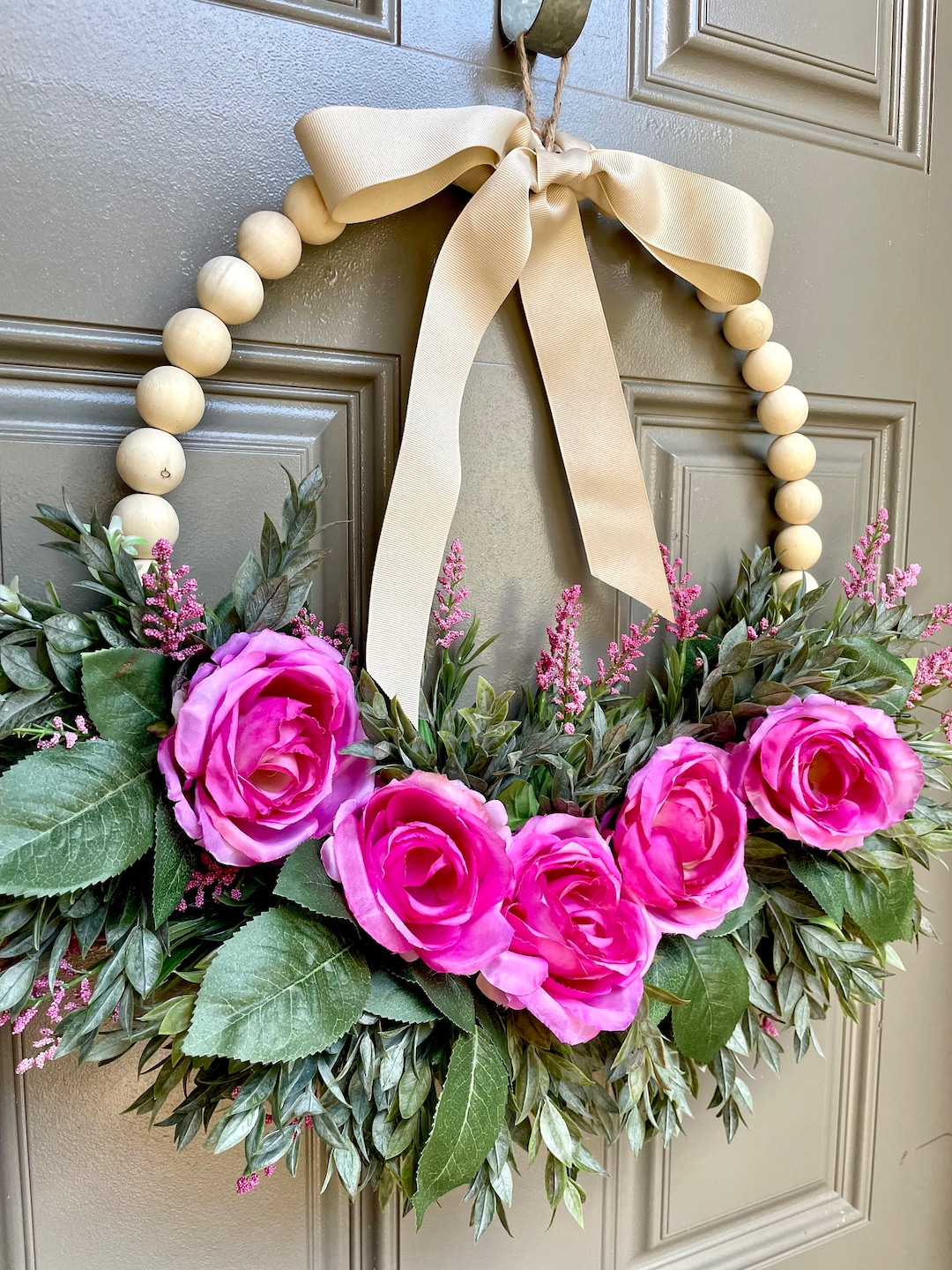Pink Roses Wreath | Wood Bead Wreath | Summer Wreath | Spring Wreath ...